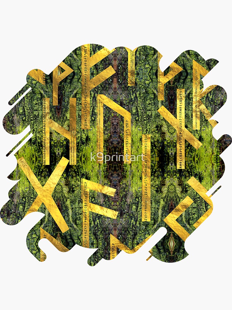 "Vintage Gold Runic alphabet on tree bark" Sticker by k9printart ...