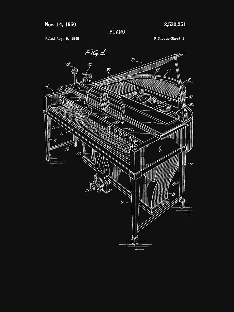 "Piano Blueprint Shirt - Vintage Music Keyboard Pianist Tee" T-shirt ...