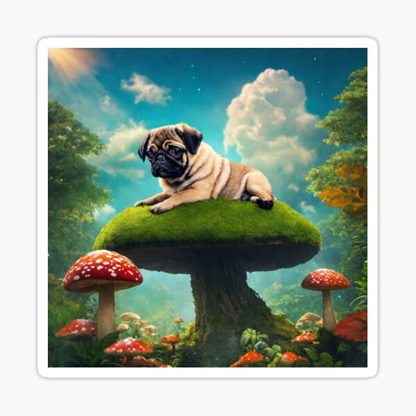 "A cute pug sitting on a mushroom tree" Sticker for Sale by petstiming ...