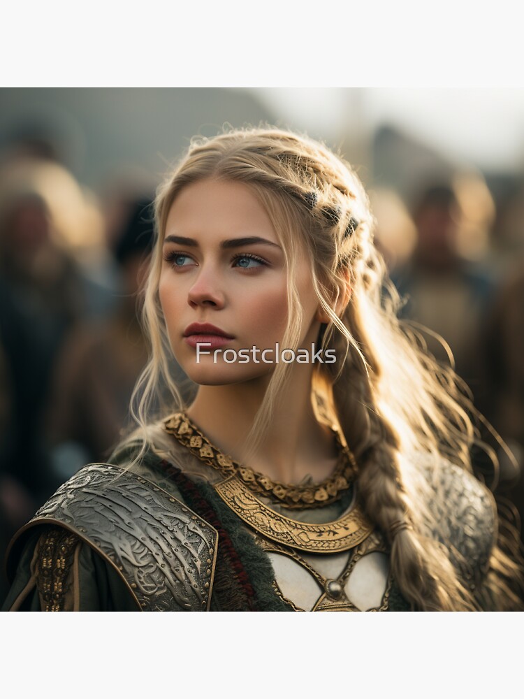 ""Nordic Gaze of Loyalty: The Shield Maiden with Sunlit Braids, Eyes Drawn to Her Raider Kin and ...