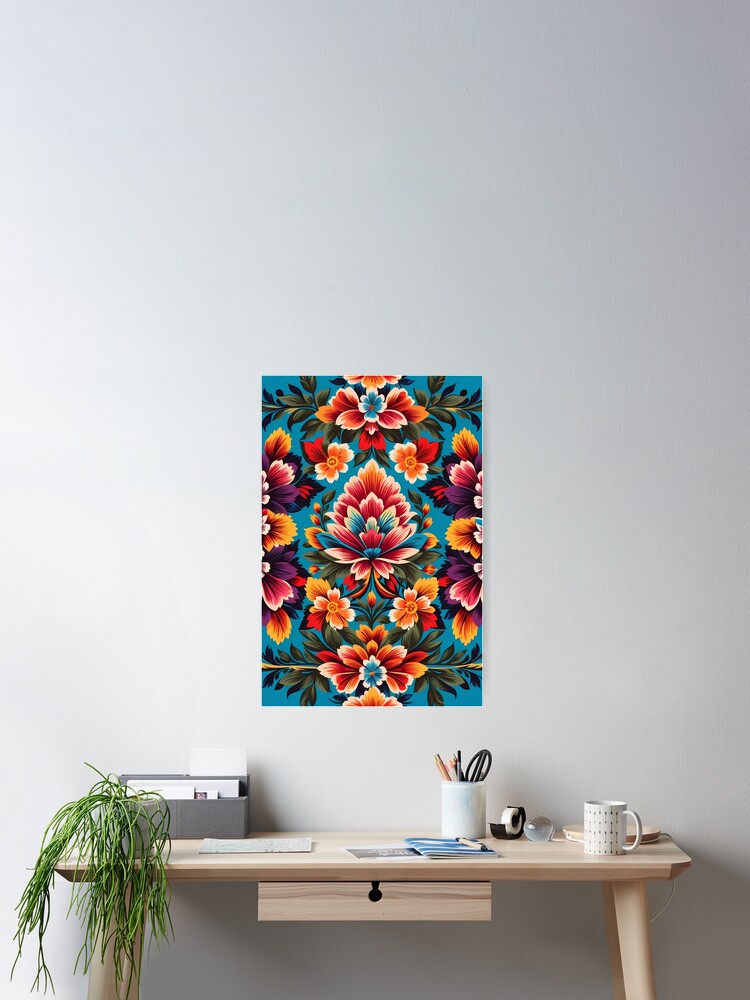 "Floral pattern with blue background Mexican traditional style" Poster ...