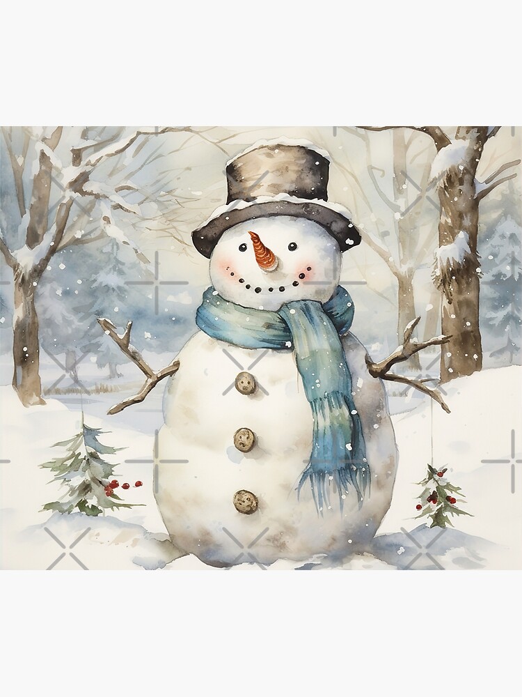 "Snowman winter scene blue and white Christmas vintage watercolor ...