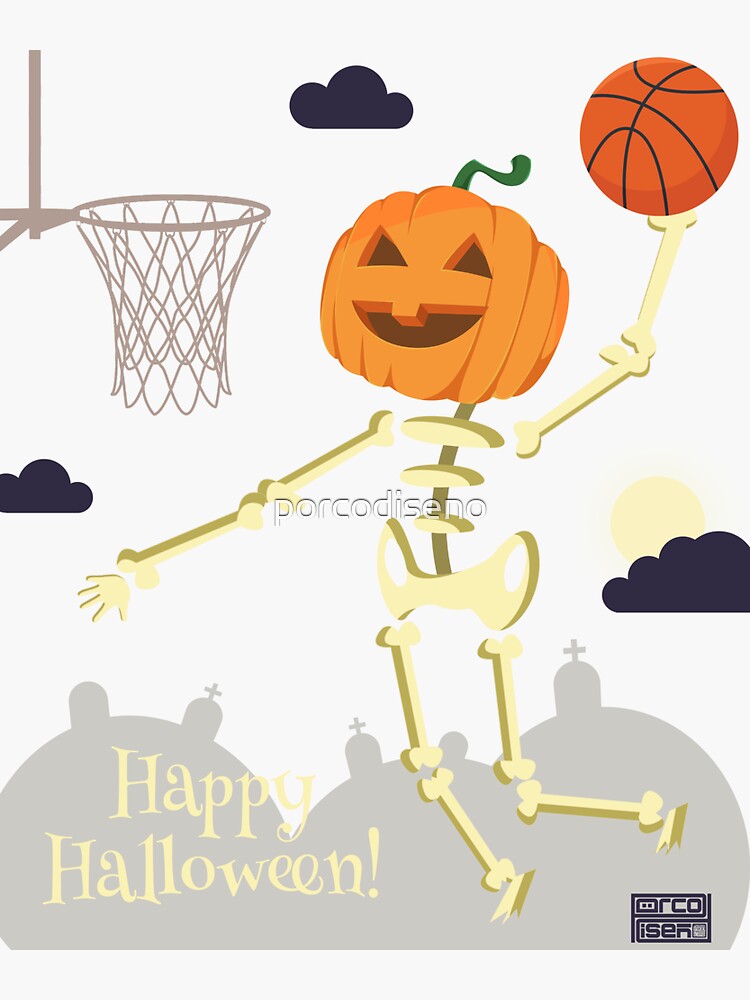 "Pumpkin Head Skeleton Slam Dunk Basketball Halloween" Sticker for Sale ...