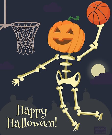 "Pumpkin Head Skeleton Slam Dunk Basketball Halloween" Poster by ...