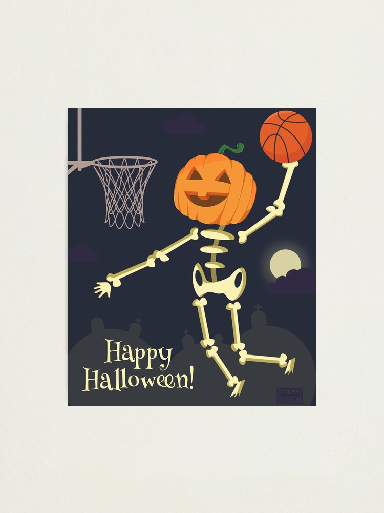 "Pumpkin Head Skeleton Slam Dunk Basketball Halloween" Photographic ...