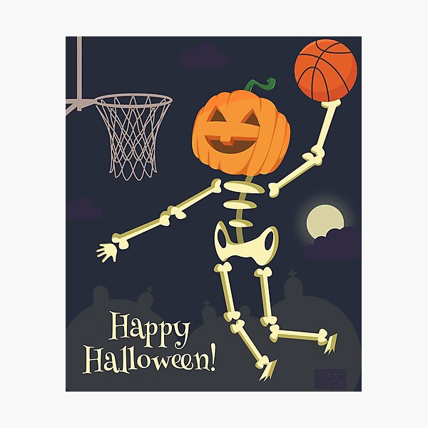 "Pumpkin Head Skeleton Slam Dunk Basketball Halloween" Photographic ...