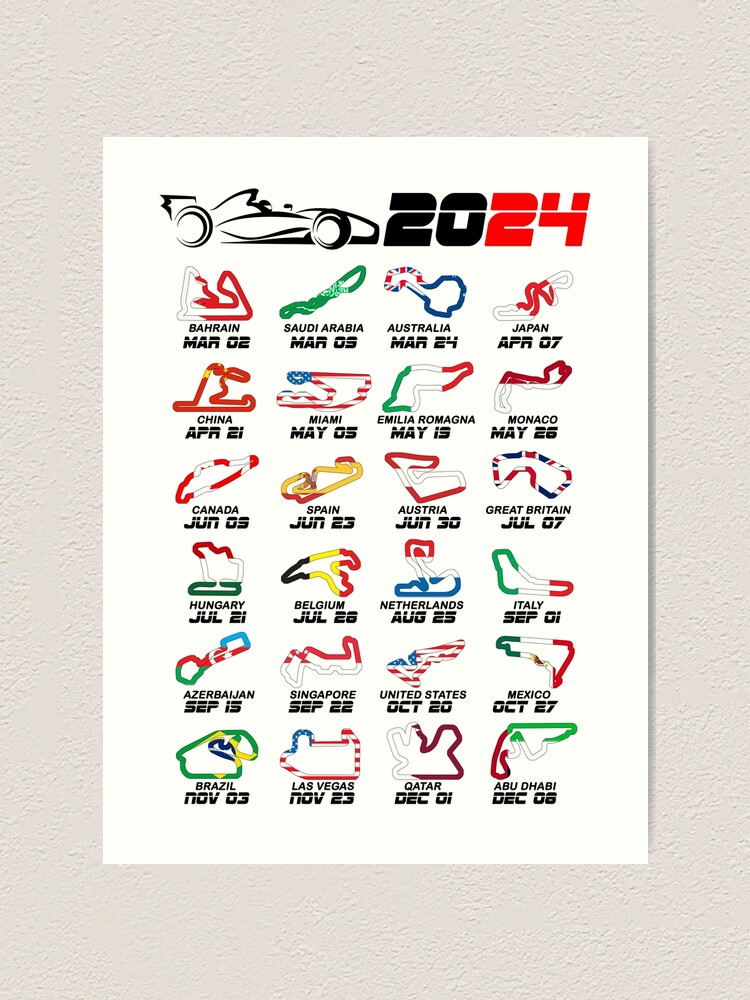 "Calendar Formula race cars 2024 circuits colors white" Art Print for ...