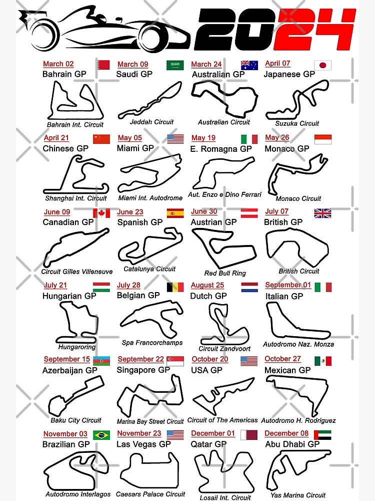"Calendar Formula race cars 2024 named circuits white" Poster for Sale ...