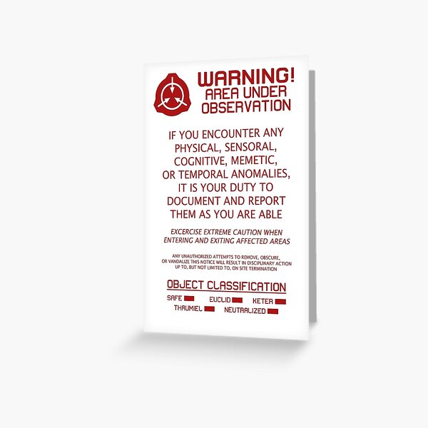 "SCP Foundation Red Warning Sign - White Background" Greeting Card for ...