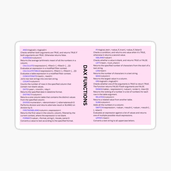 "22 DAX Functions Power BI" Sticker for Sale by astarrett | Redbubble