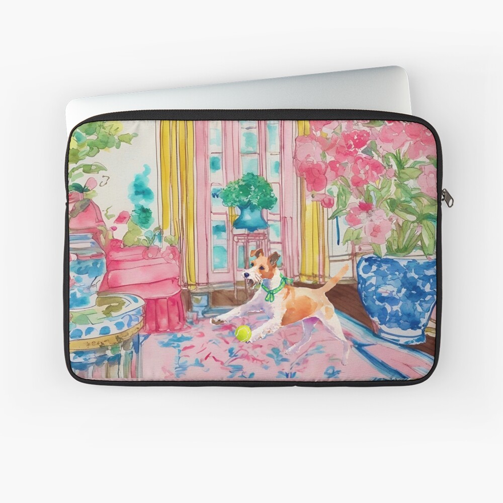 "Fox terrier chasing tennis ball in chinoiserie interior" Sticker for ...