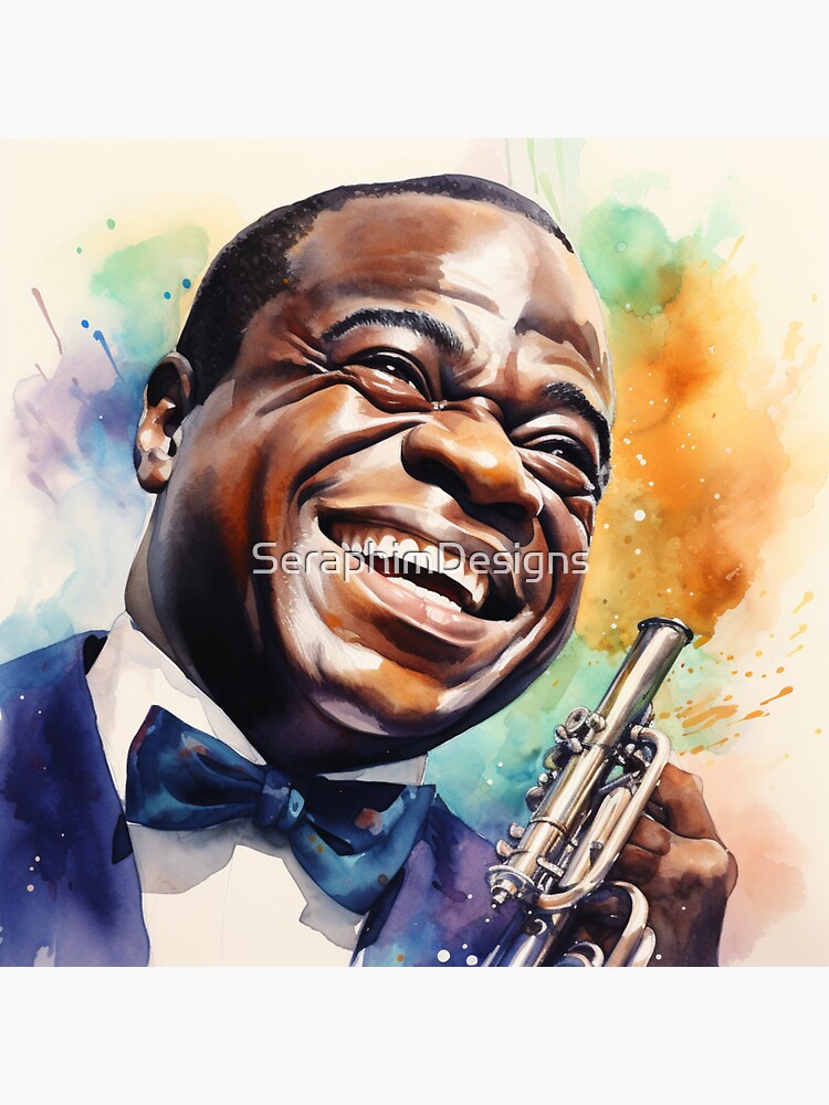 "Louis Armstrong Smiling - Watercolor Portrait - Digital Art" Sticker ...
