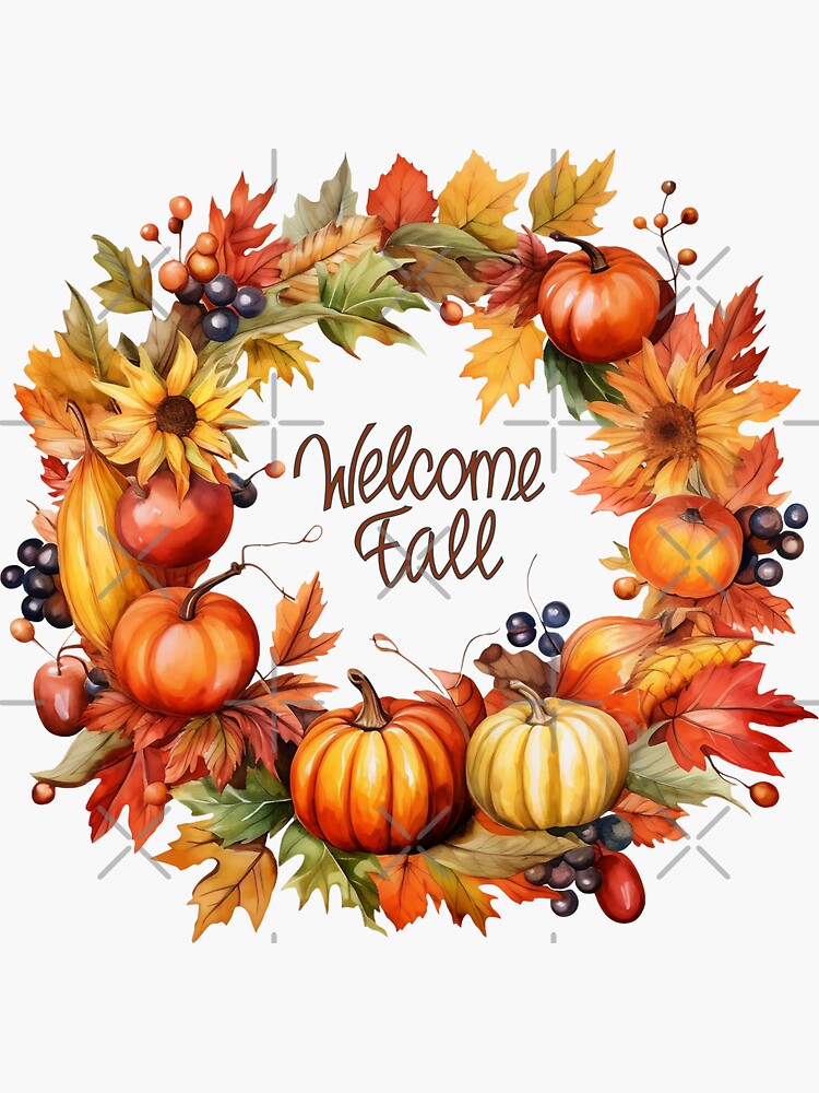 "Welcome Fall Wreath with Pumpkins and Autumn Leaves" Sticker for Sale ...