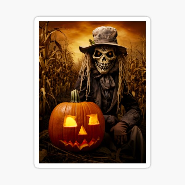 "Scary Halloween Pumpkin and Scarecrow - Halloween Poster" Sticker by ...