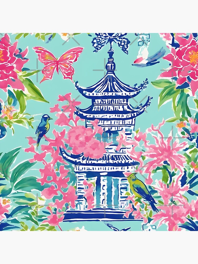 "Chinoiserie pagodas, birds, flowers, butterflies on duck egg blue" Art Print for Sale by ...