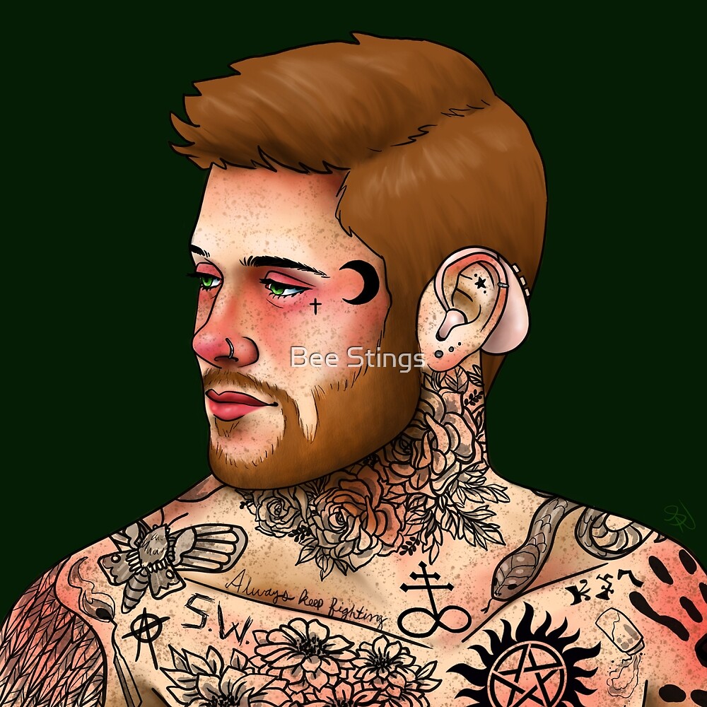 "Tattooed Dean with a Hearing Aid" by Shelby Newman | Redbubble