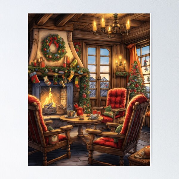 "Cozy Country Inn with a Fireplace and a cozy armchair during Christmas" Poster for Sale by ...