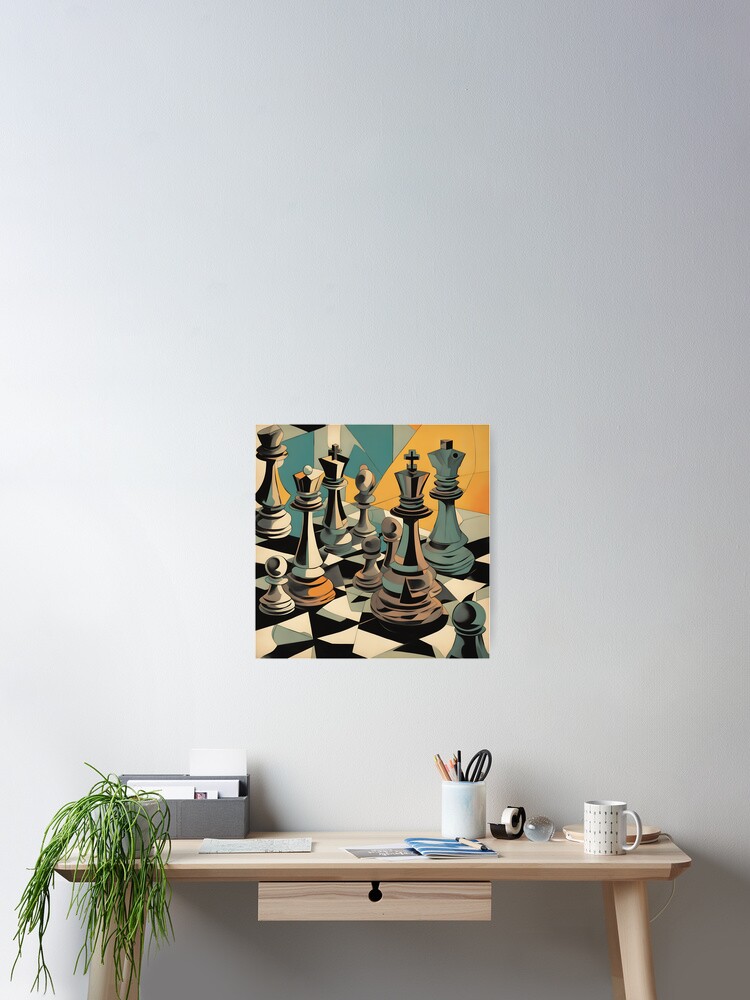 "Chess Pieces & Chessboard - Artsy Cubism Surreal" Poster for Sale by ...