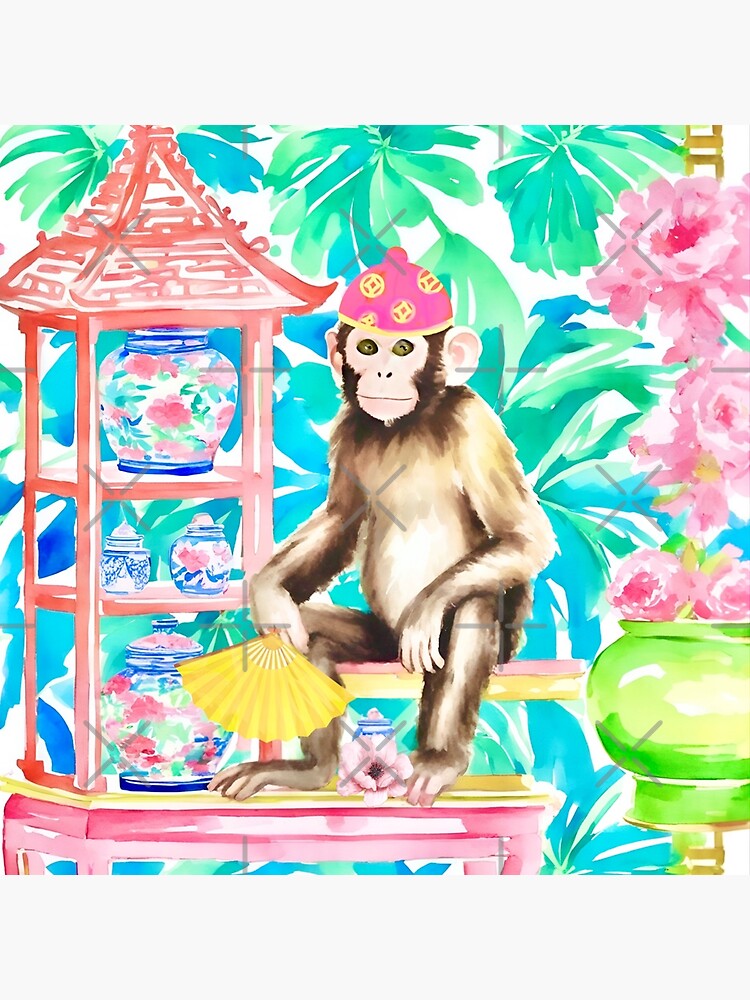 "Preppy monkey with yellow fan in chinoiserie interior" Poster for Sale ...
