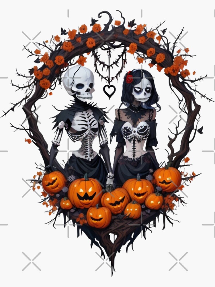 "Gothic Emo Skeletons with Pumpkin Heads Under the Ancient Oak" Sticker ...