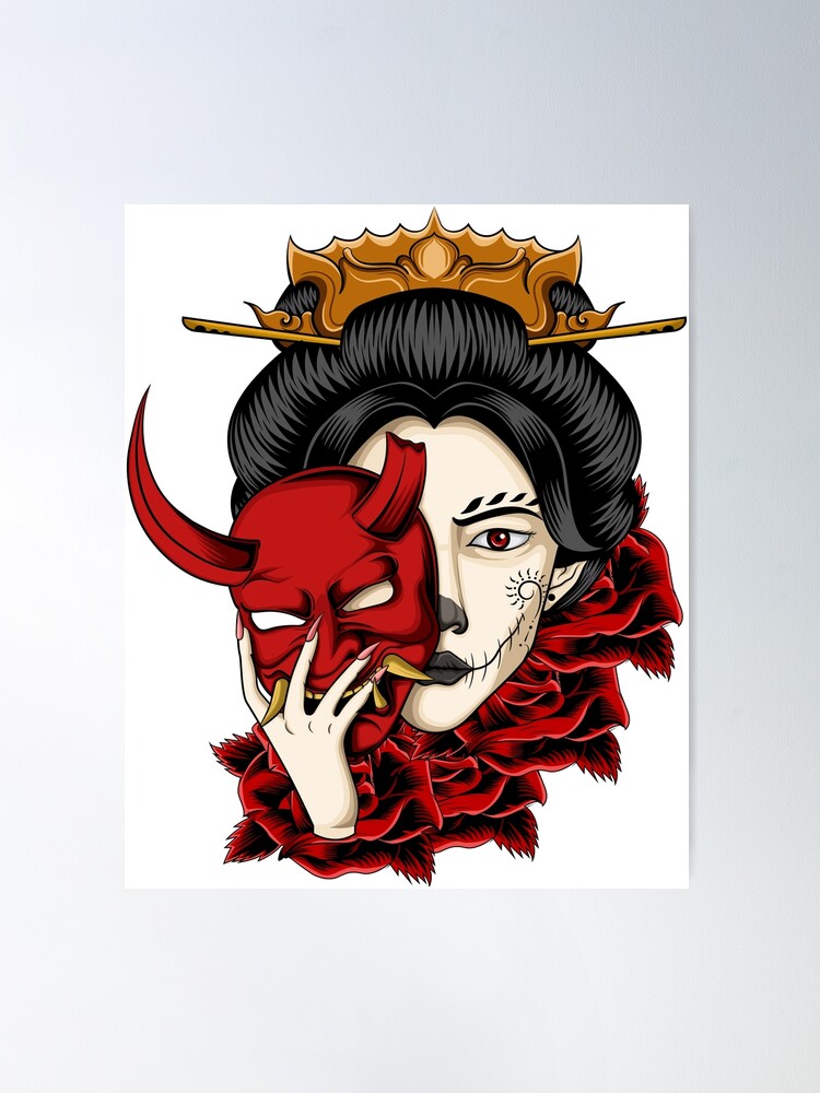Geisha Oni Premium Vector | Geisha With Oni Mask Illustration