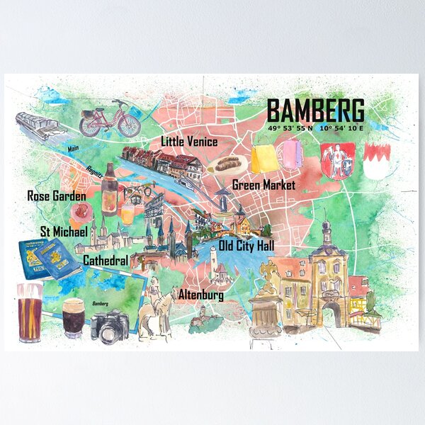 "Bamberg Franconia Illustrated Travel Map with Roads and Highlights ...