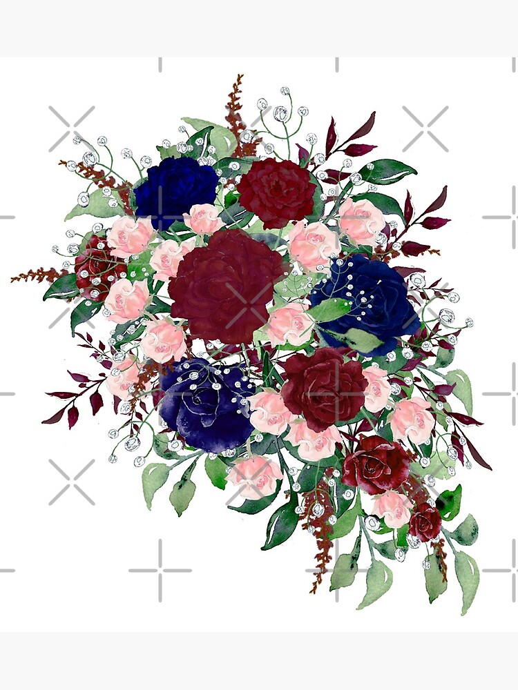 "Navy Blue Burgundy Watercolor Roses Bouquet Flowers " Art Print for ...