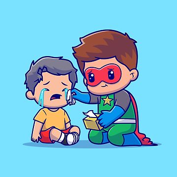 "Cute Superhero Wiping Away Tears of a Crying Kid Cartoon Vector Icon ...