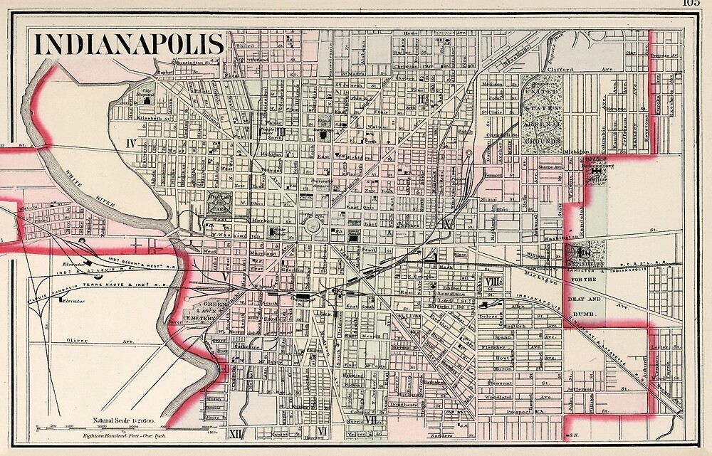 "Vintage Map of Indianapolis Indiana (1884)" by BravuraMedia | Redbubble