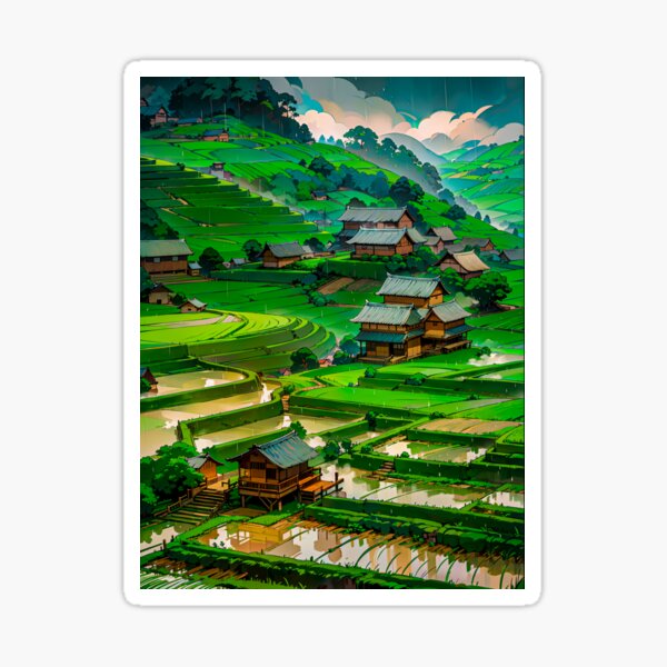 "Rice Farm Fields Anime Digital Art Landscape Trees Japanese" Sticker ...