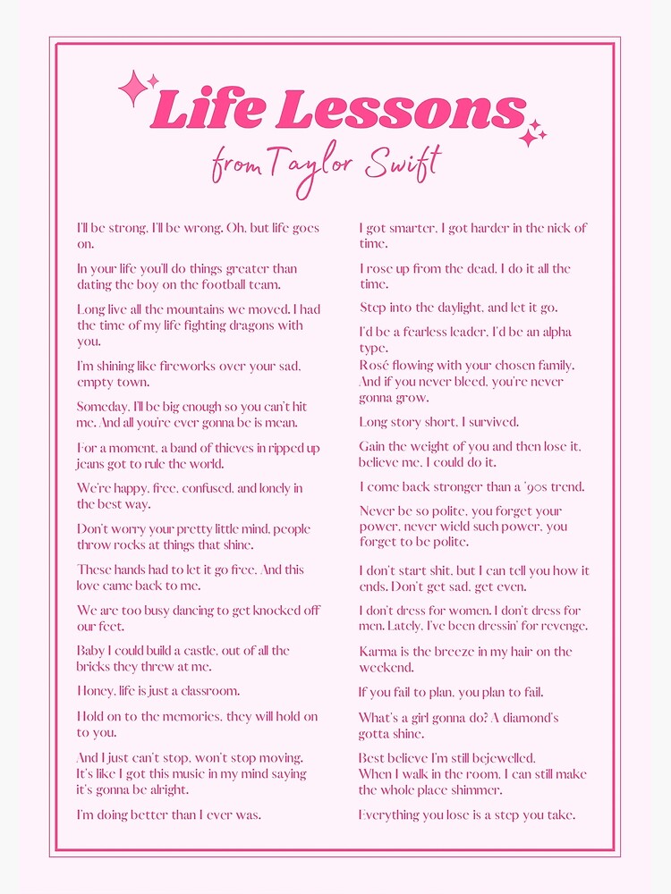 "Life Lessons from Taylor Swift Cute Aesthetic Eras Lyrics Print" Poster for Sale by ...