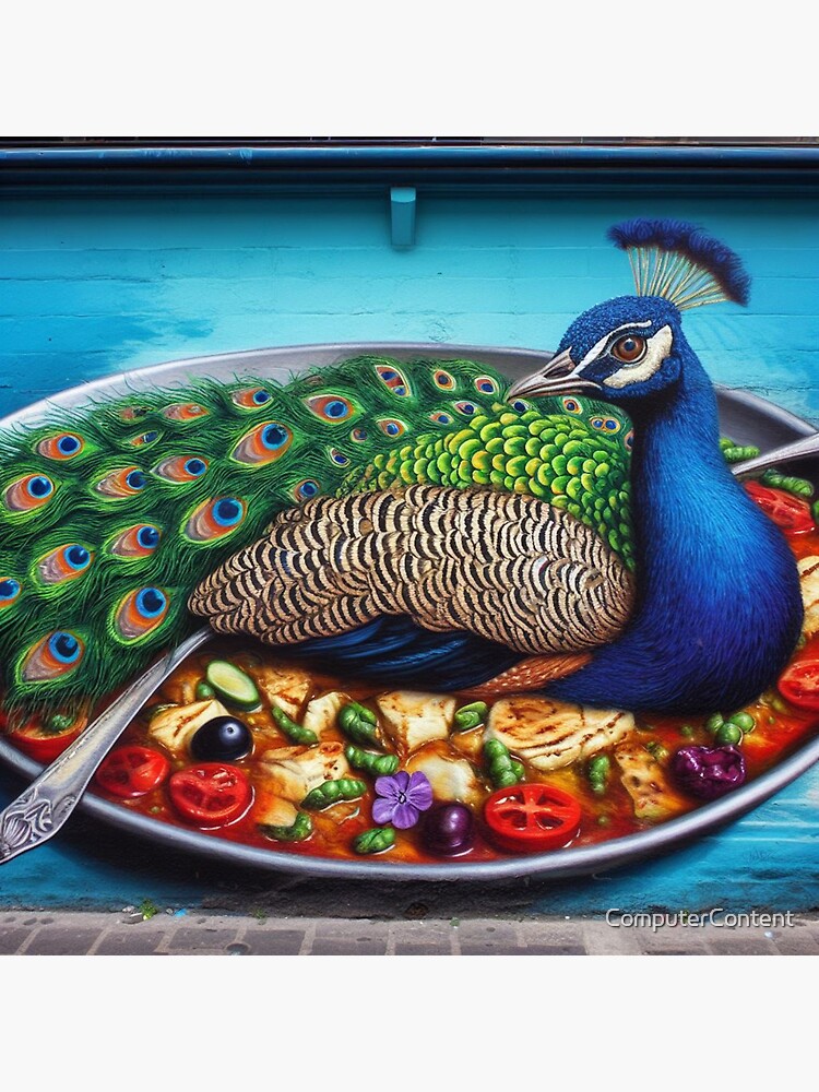 "Peacock Laying in Moussaka, Street Art" Sticker for Sale by ...