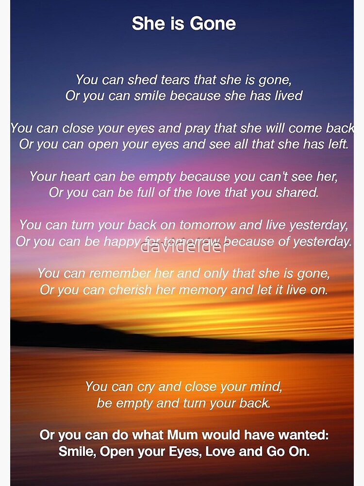 "She is Gone - Funeral Poem for Mum" Spiral Notebook for Sale by ...