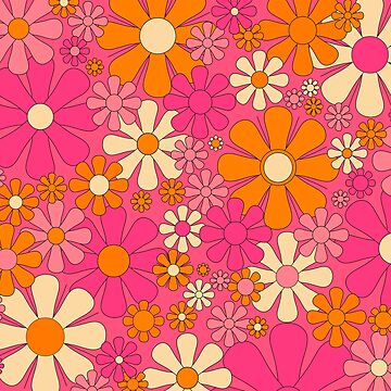 "Groovy Pink Retro Garden Flowers Vintage Floral Pattern with Orange" A ...