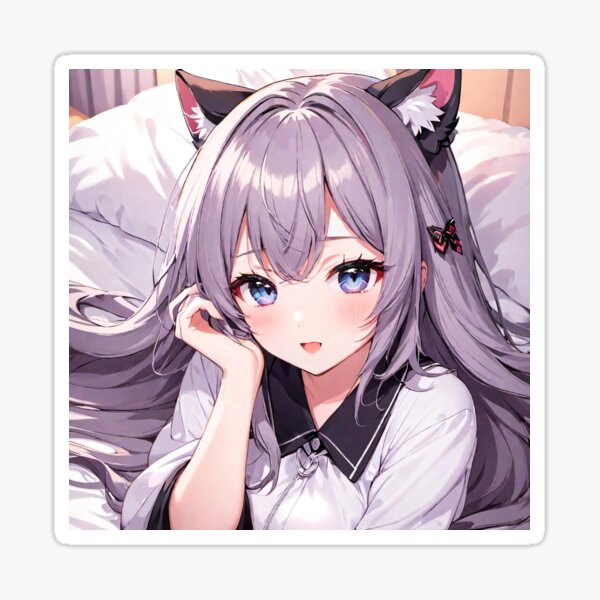 "UwU Anime Cat Girl, Gray Hair Cute" Sticker for Sale by ...