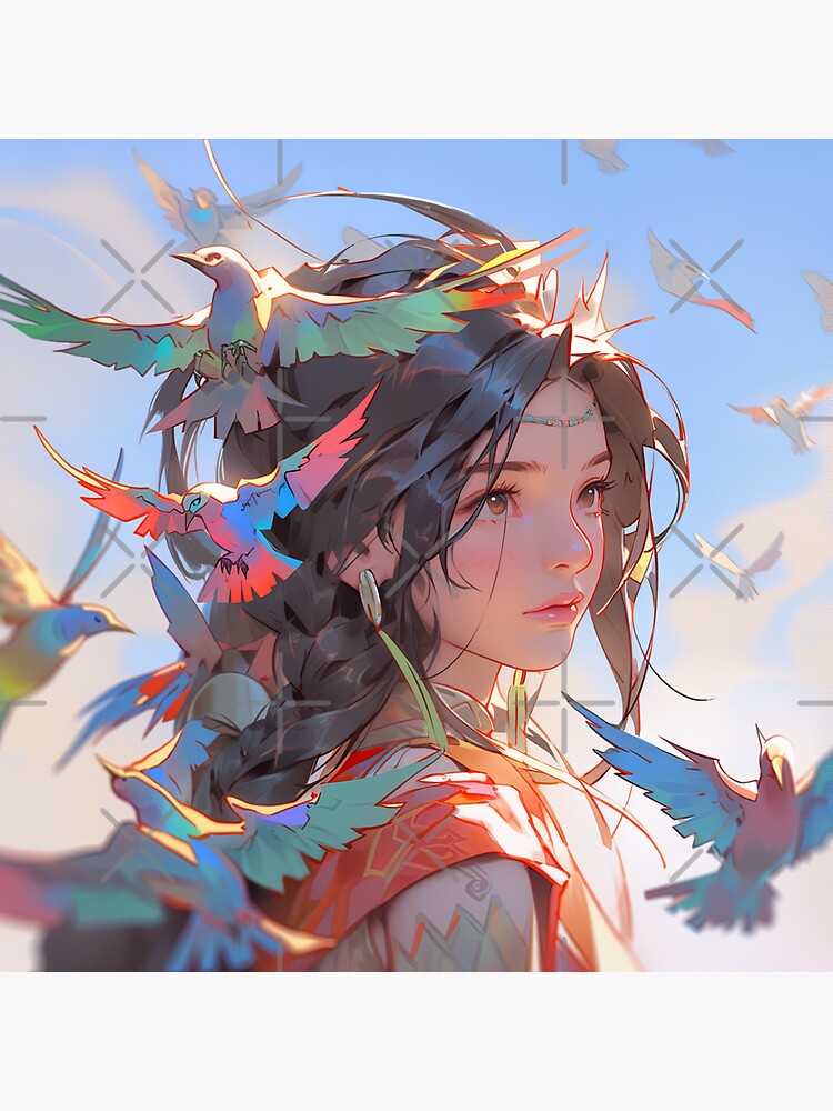"Adorable Bohemian Anime Girl and Flying Birds" Sticker for Sale by ...