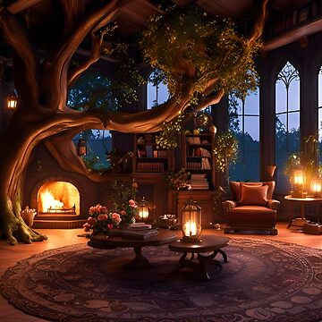 "The treehouse library - cosy ambience and fireplace " Art Print for ...