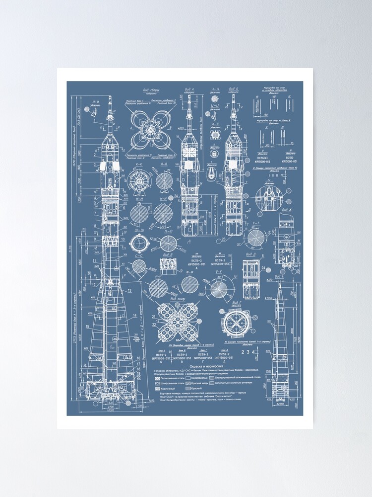 "Vintage Soyuz Rocket Blueprints Russian Soviet Era Space " Poster for ...