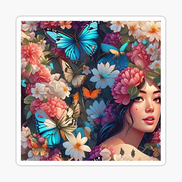 "Fabric art of flowers surrounds the girl." Sticker for Sale by ...