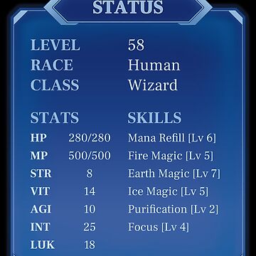 "Fantasy Manga status window for Human of the Wizard class" Sticker by ...