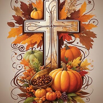 "Christian Cross Leaves Pumpkins Thanksgiving T-Shirt" Art Board Print ...