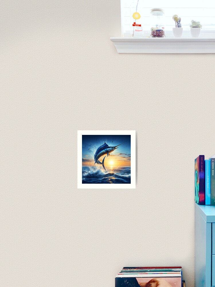 "Blue marlin jumping out of the ocean at sunset, ocean fishing." Art ...