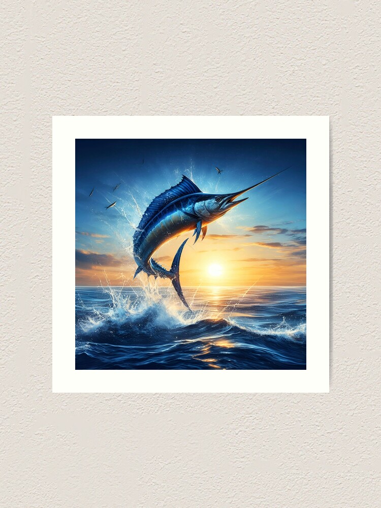 "Blue marlin jumping out of the ocean at sunset, ocean fishing." Art ...