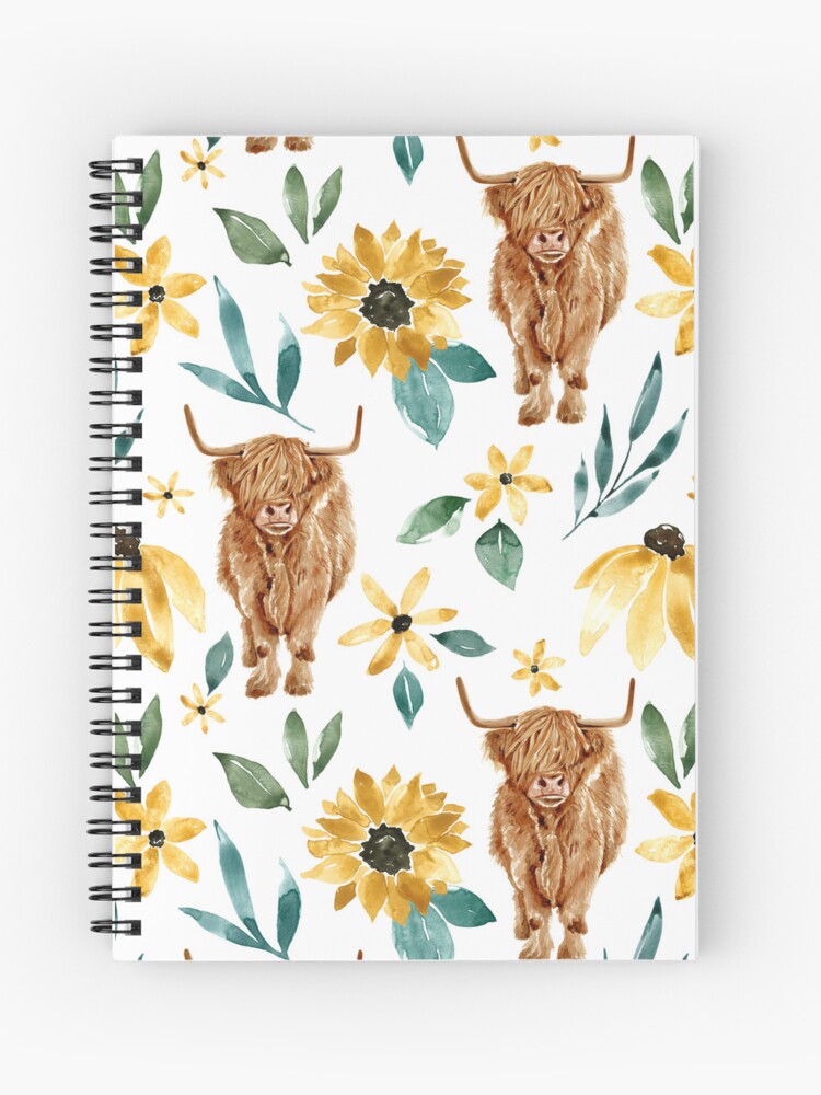 "Highland Cow With Sunflowers" Spiral Notebook for Sale by cateandrainn ...
