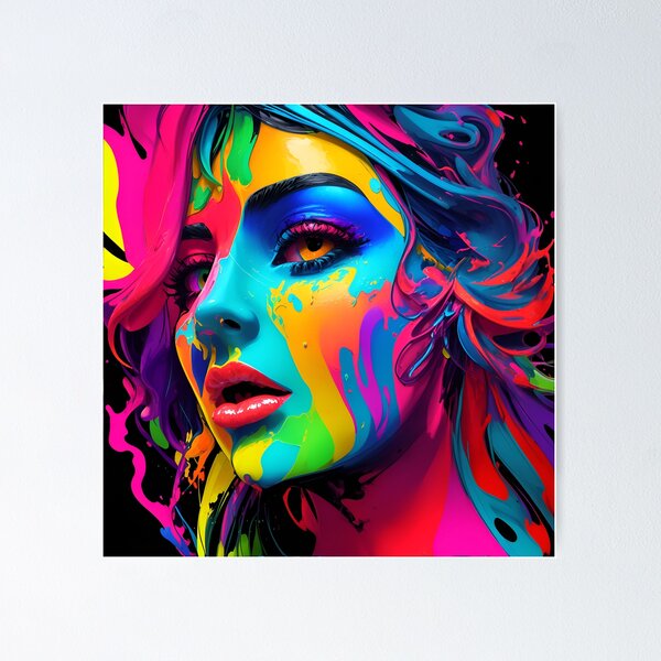 "Young beautiful woman face in grafitti multicolor neon colors" Poster ...