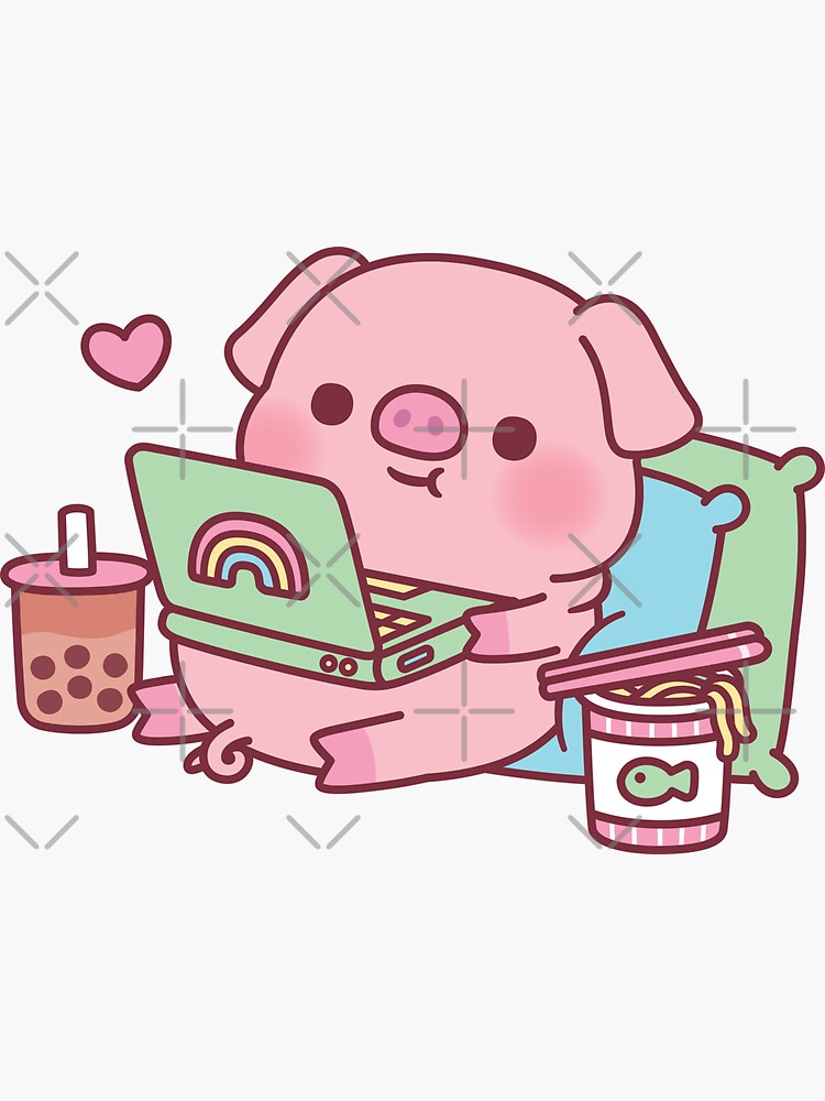 "Cute Pig Chilling With Laptop Boba Tea And Instant Noodles" Sticker ...