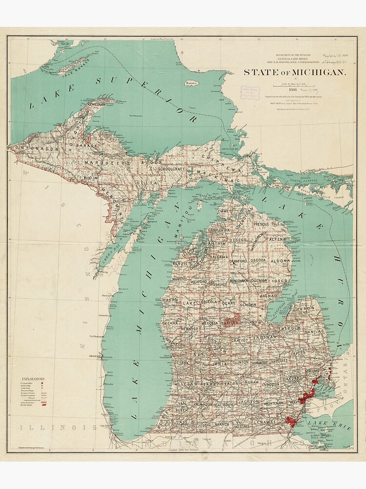 "Vintage Map of Michigan (1888)" Framed Art Print by BravuraMedia ...