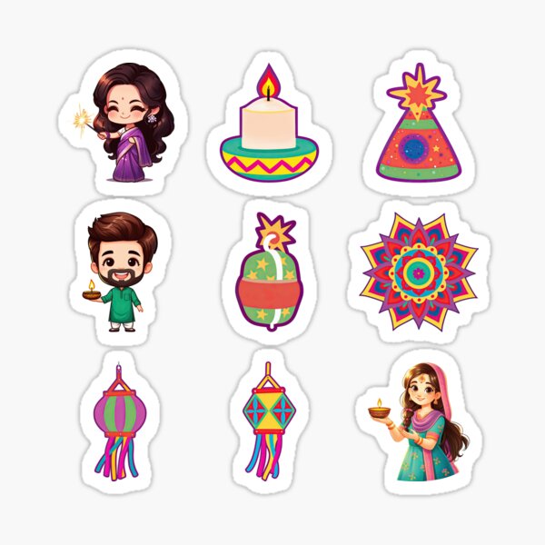 "Cute Diwali Cartoon Characters" Sticker for Sale by pixclipart | Redbubble