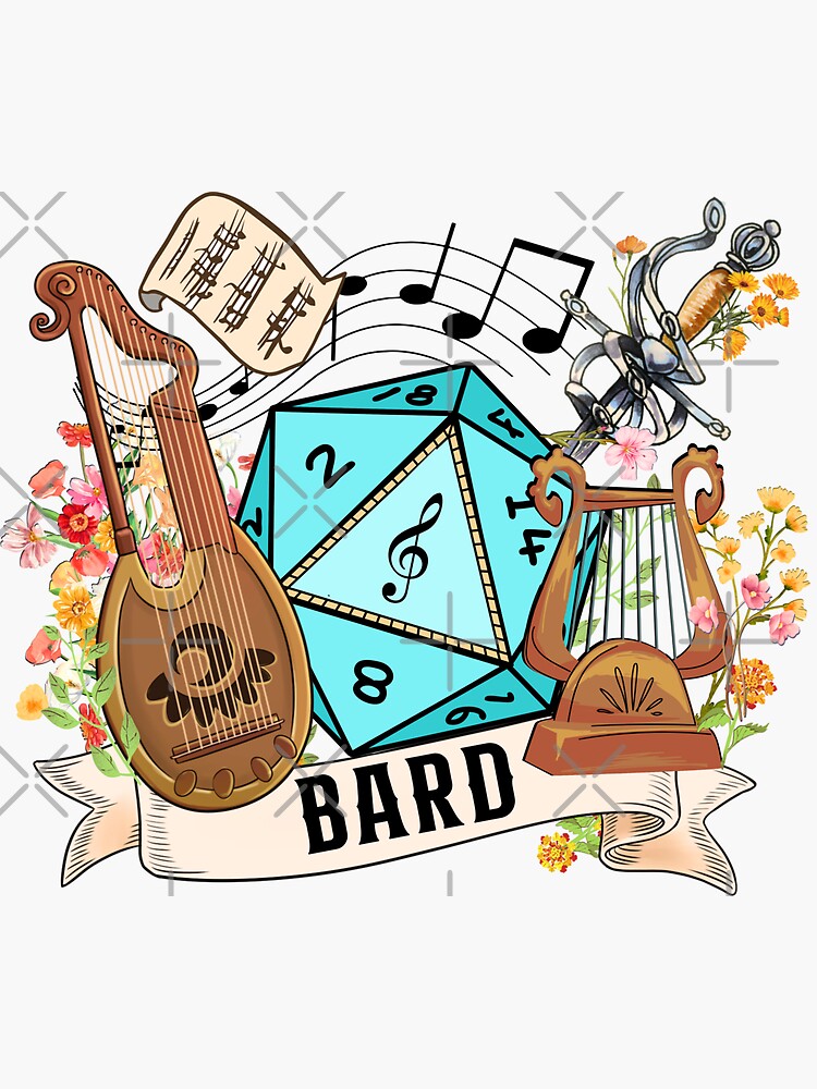 "DND BARD D20 DICE: Floral Arp, Lute, Rapier sword and bardic ...