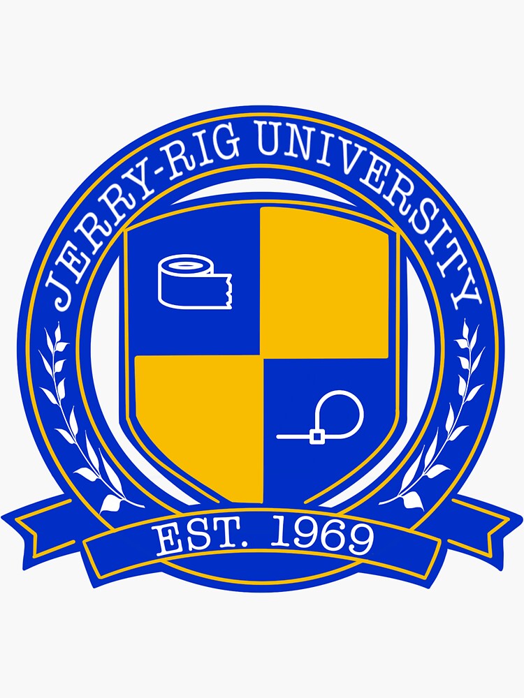 "Jerry-Rig University Logo" Sticker for Sale by Sprehaha | Redbubble